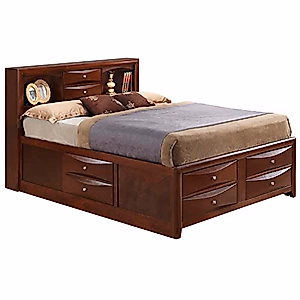 HomeStock Beachy Boho Low-Profile Storage Bed - Cherry Finish with Dovetailed Drawers and Open Shelves for Stylish Bedroom Organization Queen