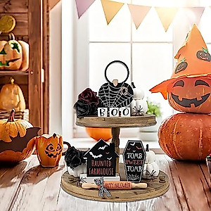 5Pcs Halloween Tiered Tray Decor Set Happy Halloween Boo Wooden Signs Cute Tomb Haunted House Rolling Pins Spiderweb Halloween Decor