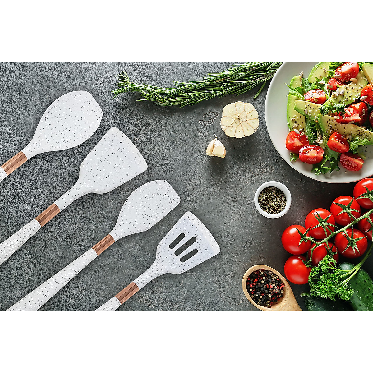 Chef Kitchen Cooking Utensils Set, Non-Stick Silicone Cooking Kitchen Utensil Set with Holder, Wooden Handle Silicone Kitchen Gadgets Utensil Set (White)