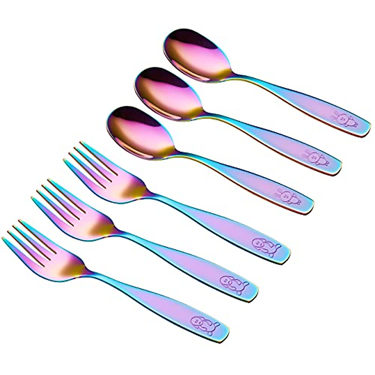 ANNOVA Kids Silverware Children's Safe Flatware Set Stainless Steel - Children Forks, Children Tablespoons, Toddler Utensils, Metal Cutlery Set for LunchBox (Engraved Dog Bunny) (UV Rainbow, 6 Pieces)