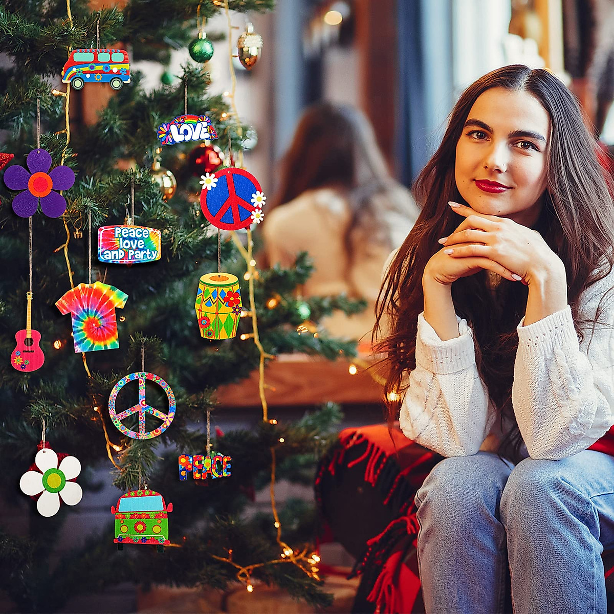 36 Pieces 60 70's Hippie Groovy Party Tie Dye Birthday Wooden Hanging Ornaments Hippy Retro Flower Peace Sign Wooden Hanging Ornaments for 60's Vibe Party Decoration DIY Craft