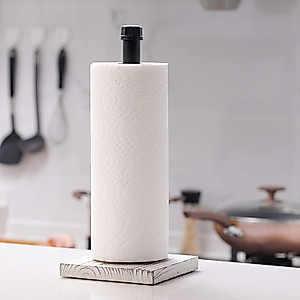 MyGift Industrial Black Metal Pipe Paper Towel Holder Countertop Bathroom Paper Towel Holder Stand with Vintage White Solid Wood Base