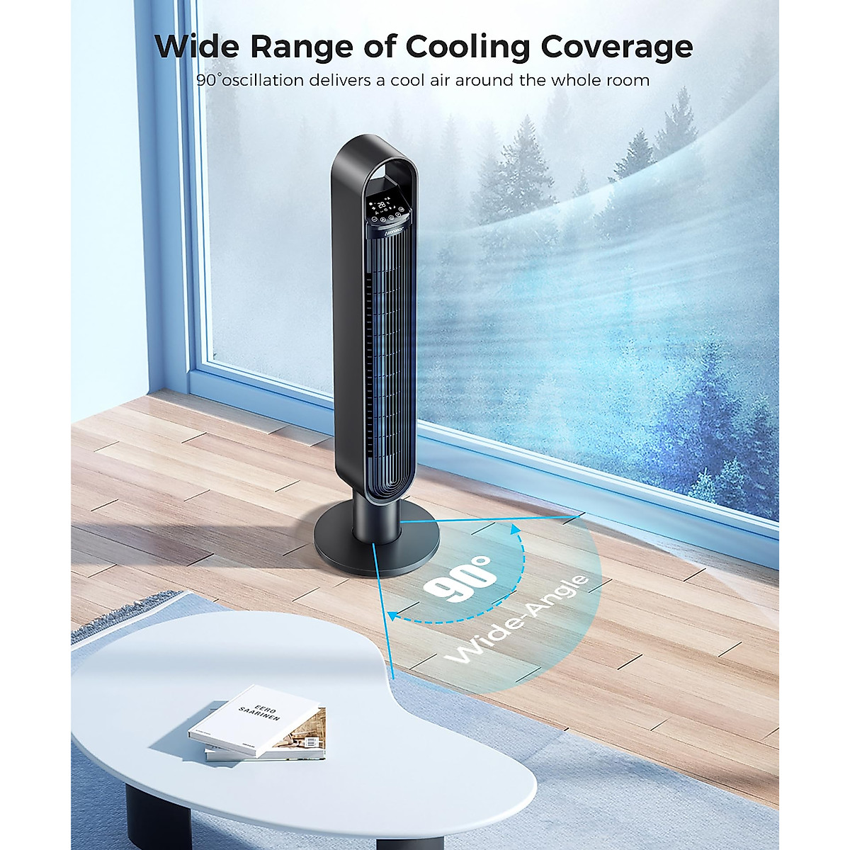 Azonanor Tower Fan for Bedroom, 90° Oscillating Standing Bladeless Fan with Remote, 12H Timer, 3 Speeds Max 28ft/s, 3 Modes, LED Display Floor Fans Works with Tuya/Smart Lift