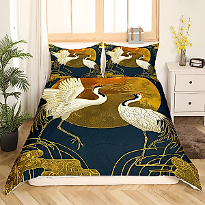 Japanese Crane Duvet Cover Set Queen Size,Gold Sun Cloud Stripes Bedding Set 3Pcs,Retro Ukiyoe Leaf Print Comforter Cover for Adult Women Men Room Decor,Wild Animals Quilt Cover,2 Pillowcases