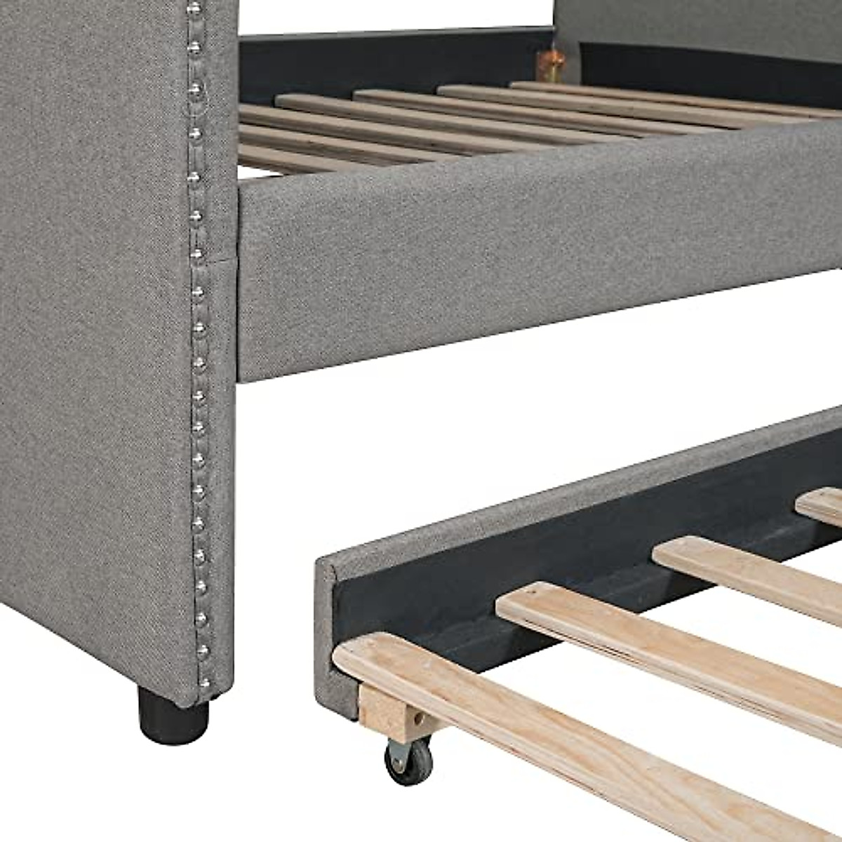 DRELOFT Full Size Upholstered Daybed with Strong Durable Pull-Out Trundle and Legs, Full Day Bed Sofa Bed with Wood Slat Support for Living Room Bedroom Guestroom, No Box Spring Needed, Gray