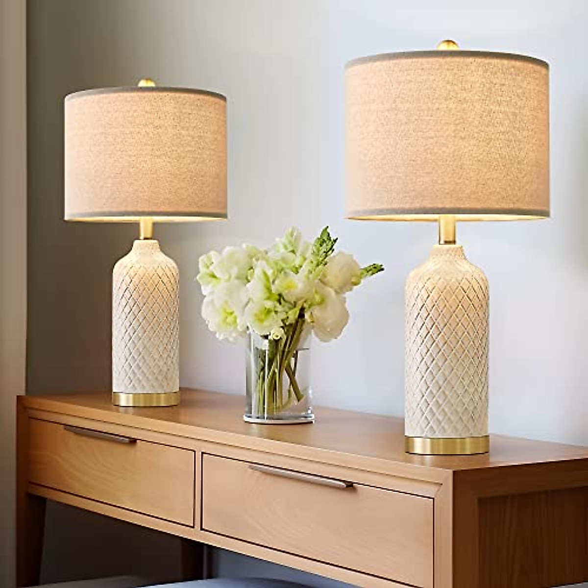 G-SAFAVA 24.25" Modern Ceramic Table Lamp Set of 2 White and Gold Lamp for Bedroom Living Room Bedside Lamps for Nightstand