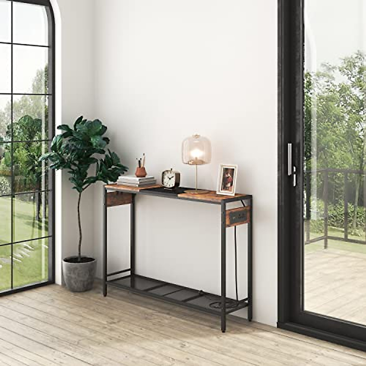 IRCPEN Console Table with Outlet & 2 USB Ports, 42" Wood Entryway Table with Shelves Storge, Farmhouse Sofa Behind Couch Table with Charging Station for Living Room, Hallway, Foyer, Corridor