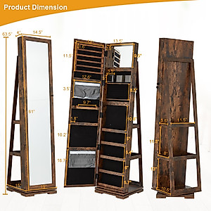 Buymoth 3-in-1 Rotating Jewelry Armoire Cabinet, Freestanding Lockable Jewelry Cabinet Organizer w/Full Length Mirror, Large Storage Capacity, Built-in Makeup Mirror & 3-Tier Rear Shelves,Rustic Brown