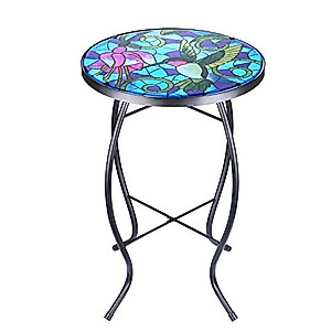 VCUTEKA Mosaic Patio Side Table Outdoor Accent Table Bistro Coffee Table Plant End Table Small Porch Table Indoor Round Glass Balcony Hummingbird Plant Table Stands