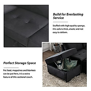 UBGO Sectional Modern L Shape Corner Convertible Sleeper Combination Sofa Bed Ottoman and Storage Hidden Arms Pull Out Sheet for Living Room Apartment, Black G