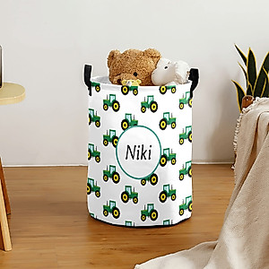 Farm Tractor Round Storage Basket Personalized Name Laundry Basket Waterproof Nursery Hamper with Handle for Living Room Bedroom and Clothes