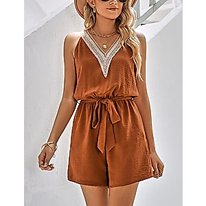 Wyeysyt Women's Sexy V Neck Romper Sleeveless 2023 Summer Fashion Casual Waist Tie Short Jumpsuit with Pocket(Caramel-XL)