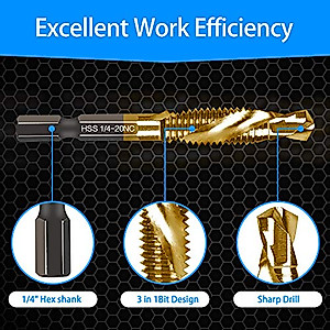 6 Packs Titanium Combination Drill & Taps Bit Set SAE 6-32nc 8-32nc 10-32nc 10-24nc 12-24nc 1/4-20nc.