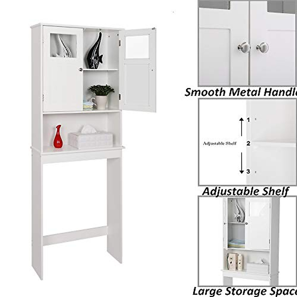 SSLine Over The Toilet Storage Cabinet Organizer,Home Bathroom Space Saver Shelf with Adjustable Shelf and Double Door, Free Standing Toilet Rack for Bathroom,White