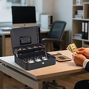 Jssmst Large Cash Box with Lock - 2017 New Metal Money Box 100% Safe, 11.8L x 9.5W x 3.5H Inches, Black, SM-CB0501L