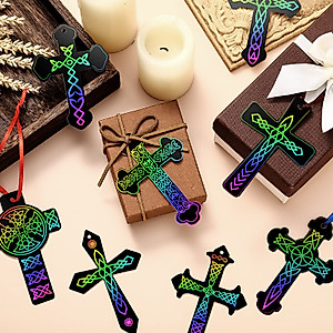 Chivao 80 Pcs Easter Scratch Cross Ornaments Rainbow Color Craft Kit DIY Scratch Paper Christian Gifts for Kids Sunday School Crafts Kids' Paper Craft Kits for Girls Boys with Wood Sticks Ribbons