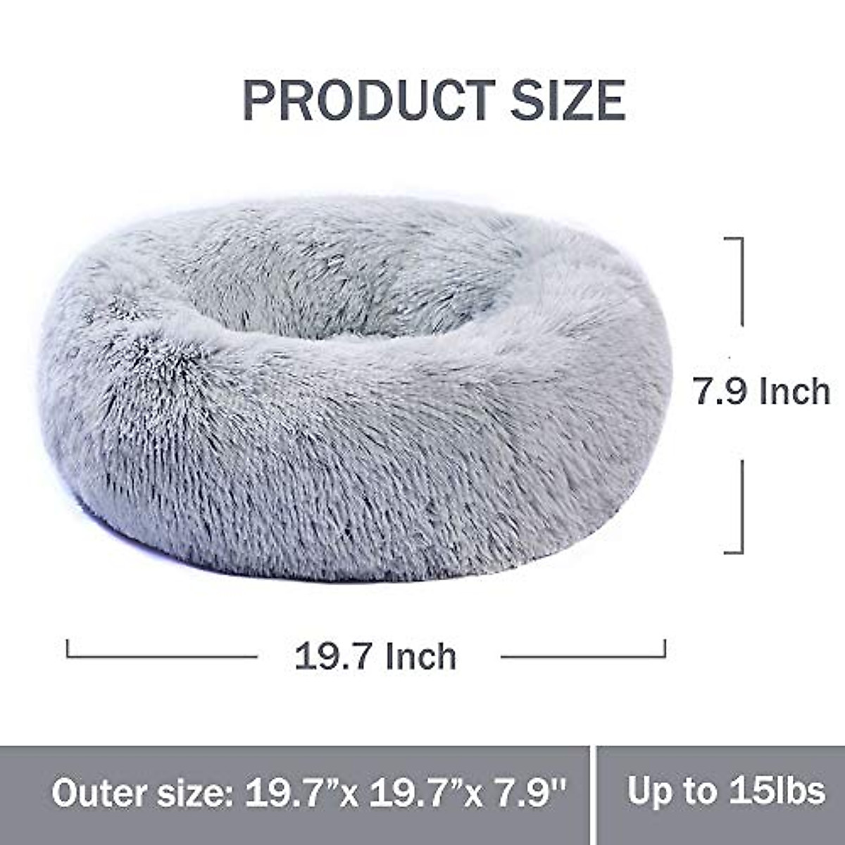 Liaamskin Fluffy Calming Donut Round Dog Bed Shag Lux Plush Cat Bed Self Warming Indoor Sleeping for Small Cat Dog19.7’’X19.7’’ Grey Ombre Clearance