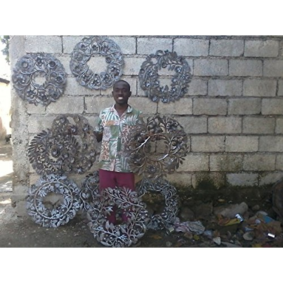 Front Door Metal Wreath with Flowers and Branches, Garden Wall Hanging Lid Sculpture, Handmade in Haiti 23 in. x 23 in.