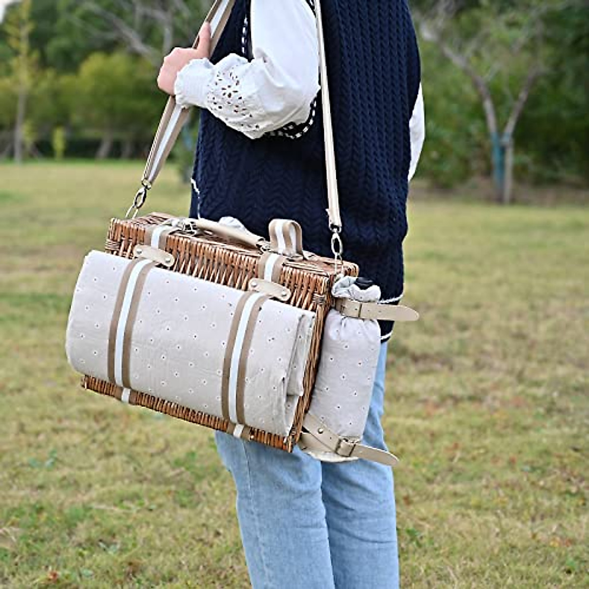 19Pcs Picnic Basket for 2 with Insulated Liner and Waterproof Picnic Blanket Wine Pouch, Large Wicker Picnic Hamper for Camping,Outdoor,Valentine Day,Thanks Giving,Birthday Christmas for Couples