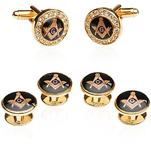 Cuff-Daddy Masonic Cufflinks and Studs - Mens Freemason Formal Set Cufflinks and Studs - Crystal Gold Tone Masonic Tuxedo Formal Set with Travel Presentation Box - 5/8" Cufflinks, 1/2" Studs Shirt