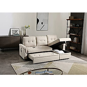 uhome Upholstered Sleeper Sofa with USB Ports sectional Couch Reversible Sofabed, Full XL, Beige