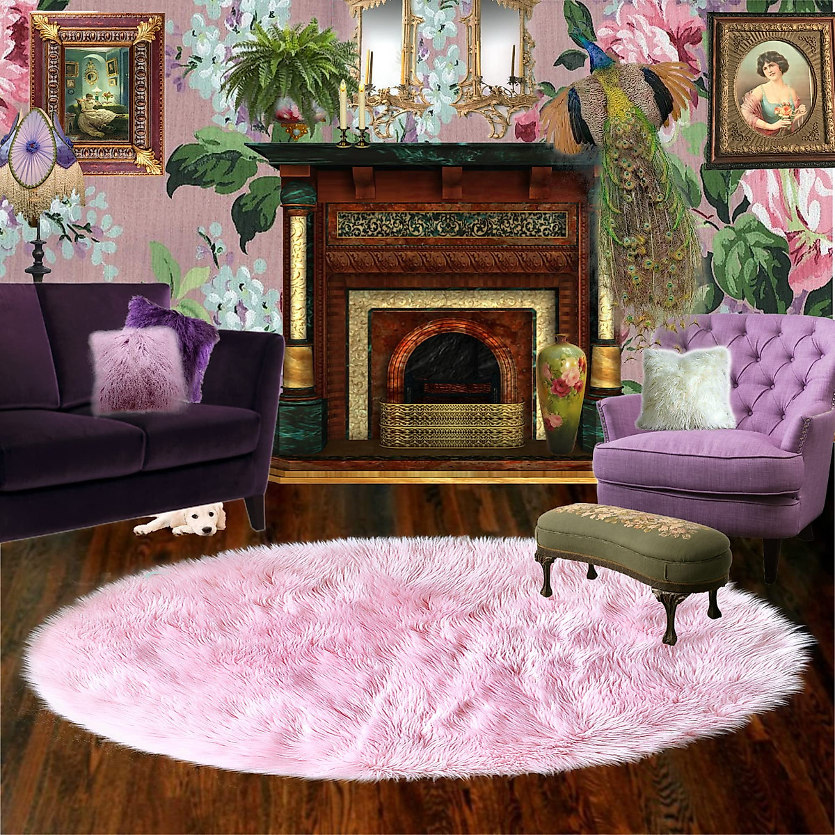 Fur Accents Plush Shag Round, Area Rug, Hide, Accent Rug, Luxury Soft Faux Fur Carpet, Hand Made USA, (3' Diameter, White)
