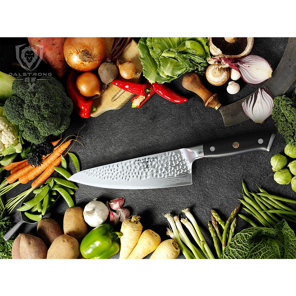 The Shogun Series X 8" Chef Hammered Chef Knife Bundled with The Dalstrong Premium Whetstone Kit