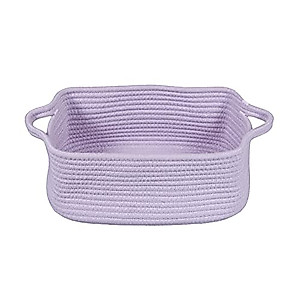 Woven Cotton Rope Storage Basket with Handles for Organizing Shelves Closet Small Cat Dog Pet Toy Basket Box Bin Decorative Rectangle Baby Nursery Basket Gift Basket Empty(Light Purple)