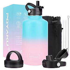 Water Bottle Insulated 64 oz- Straw lid and Auto Spout lid, Leak Proof, Vacuum Insulated, Large Metal Stainless Steel Water Jug Half Gallon Wide Mouth for Sports, Gym, Keep Cold 24H Hot 12H