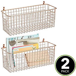 mDesign Portable Metal Farmhouse Wall Storage Organizer Basket Bin - Handles for Hanging in Entryway, Mudroom, Bedroom, Bathroom, Laundry Room - Wall Mount Hooks Included, Medium - 2 Pack - Rose Gold