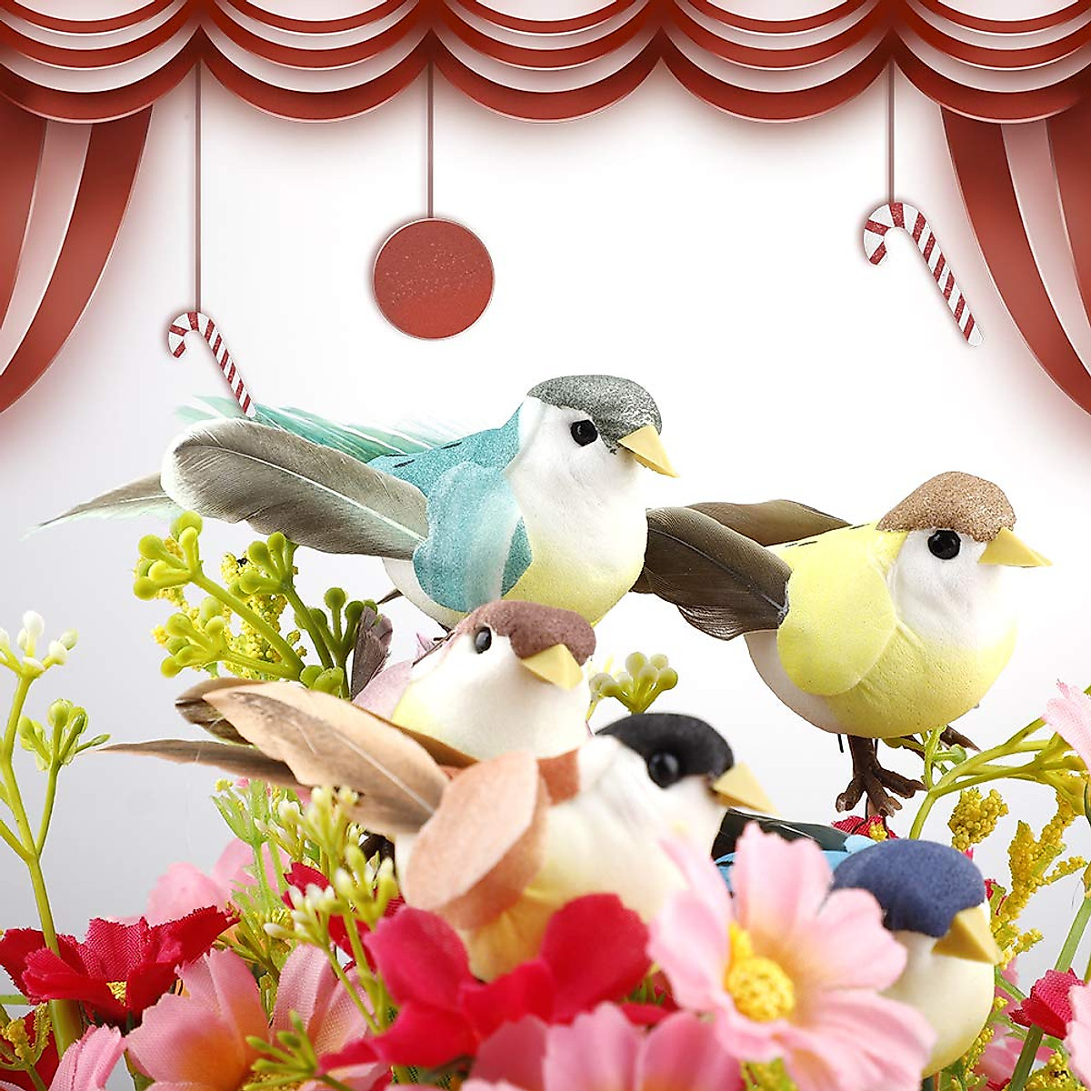 Takefuns 12 Pcs Artificial Foam Feather Bird, Mini Sparrow Birds Clip on Christmas Tree Ornaments, DIY Craft for Wedding Home Garden Party Decoration