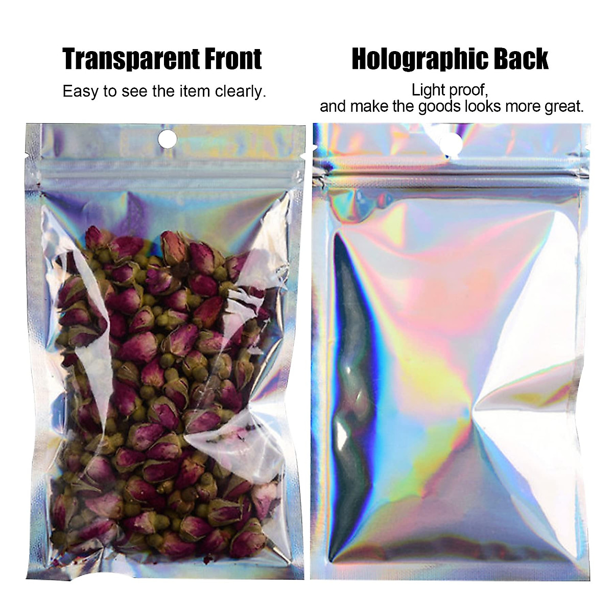 100Pcs Mylar Holographic Bags Smell Proof, Reusable Bags Resealable Odor Proof Bags for Food,Jewelry,Lipgloss,Eyelash,Packaging Small Business Bags(Usable Size: 2.7x4 inch)