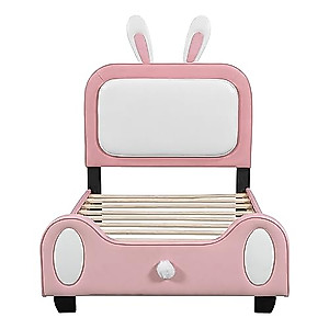 Bellemave Twin Size Upholstered Rabbit-Shape Princess Bed,PU Upholstered Twin Platform Bed with Slat Supports, Kids Twin Size Bed Frame for Boys Girls(White+Pink)