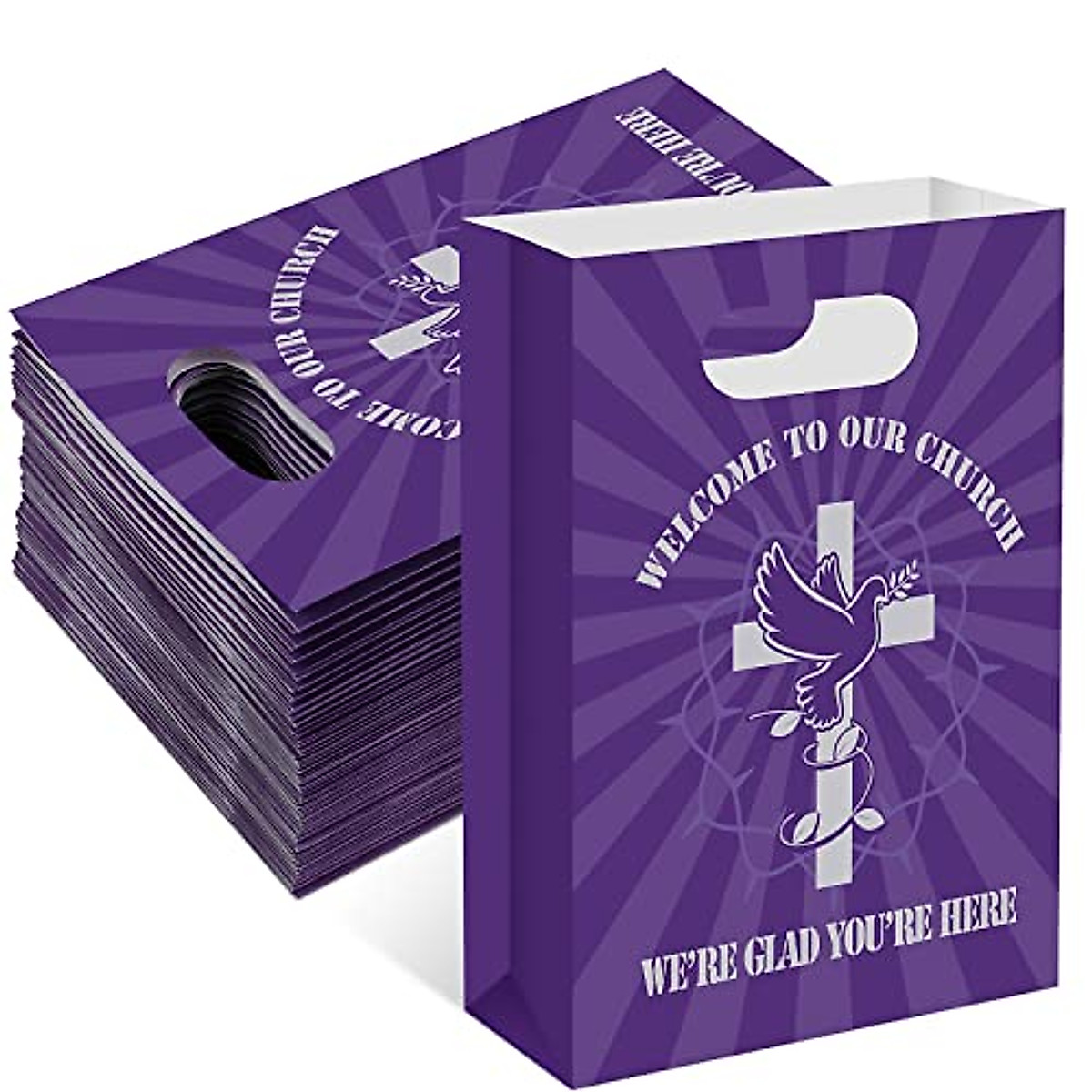 60 Pieces Church Welcome Gift Bags Purple Welcome to Our Church Gift Bags Large Religious Church Paper Bag with Handles for Visitors Members Birthday Church Theme Party Supplies, 8.6 x 6 x 2.36 Inch