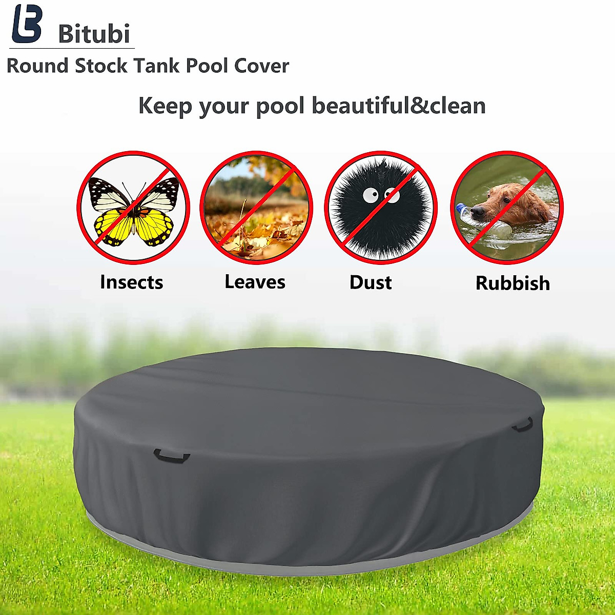Bitubi 8 Ft Steel Round Stock Tank Pool Cover,Upgraded to Full Coverage to Prevent Rust and Aging(Grey)