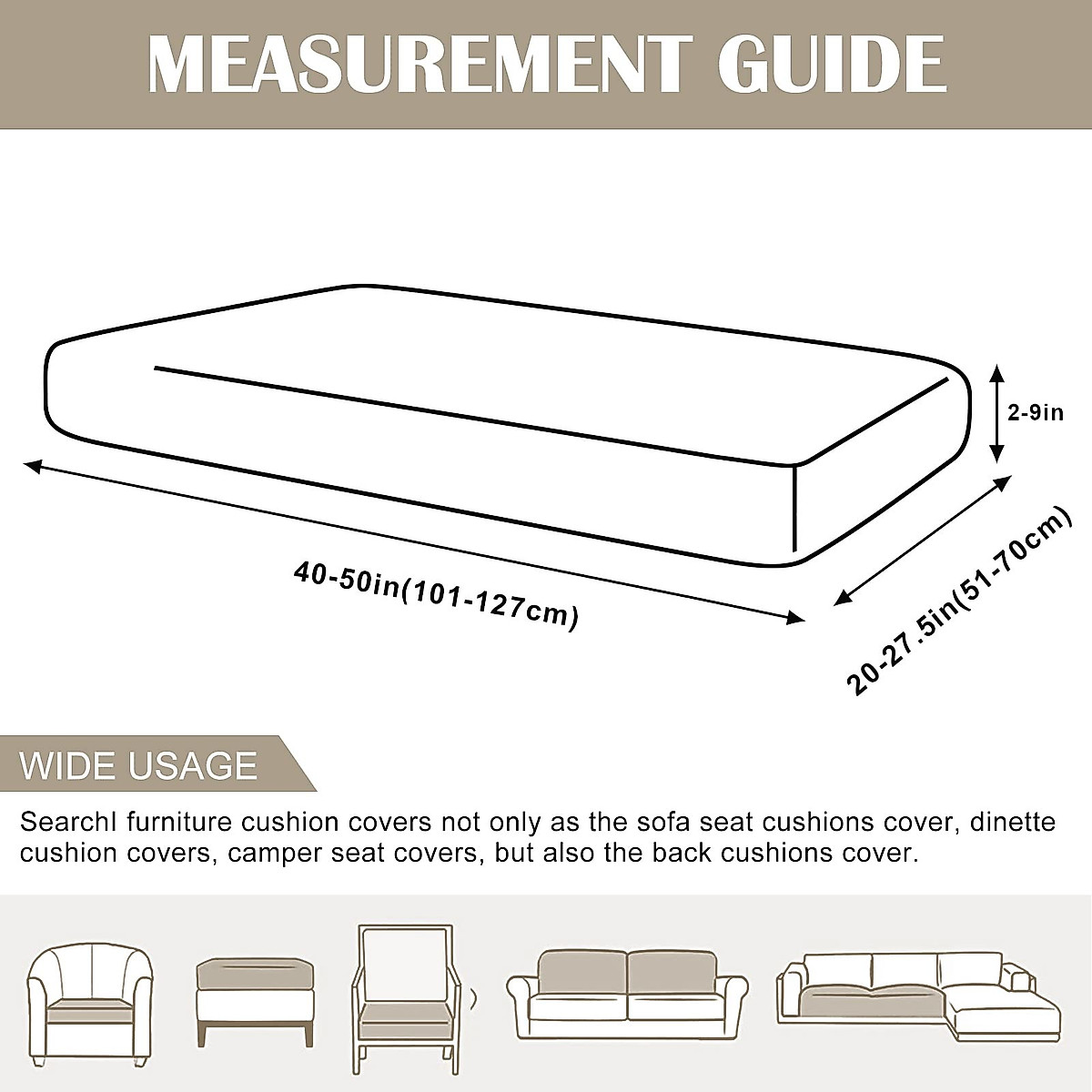 SearchI Waterproof Couch Cushion Covers Replacement, Washable Sofa Chair Seat Cushion Covers Soft Couch Cushion Slipcovers Stretch Furniture Protector for Kids, Pets(Medium, Light Gray)