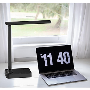Drevet LED Desk Lamp, Desk Light with 1 USB Charging Port and 2 AC Power Outlet, 3 Lighting Modes, 3 Level Brightness,1H Timer, Touch Control, Eye-Caring Home Office Foldable Table Lamp (Black)