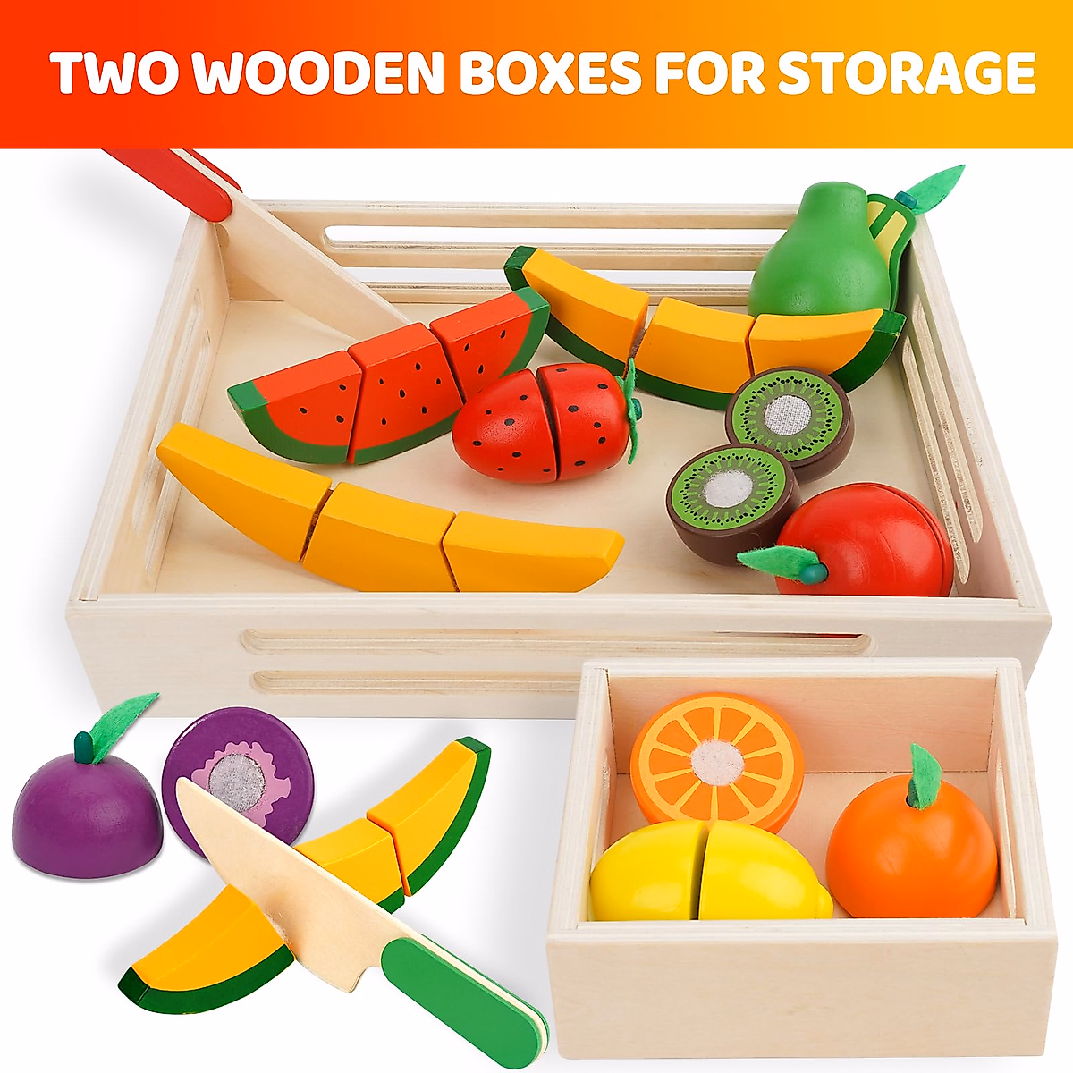 BAODLON Wooden Cutting Fruit Set - Wooden Play Food Toys for Kids Kitchen, Multi Play Food Kitchen Accessory with 2 Trays, Play Fake Fruit Toys Birthday Gifts for 3 4 Years Toddler Girl Boy