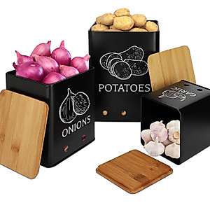 Moondust Wj 3 Pack Vegetable Storage Tins，Potatoes Storage，Metal Onion and Potato Storage Bins，Kitchen Potato and Onion Storage Bin，Onion Storage Containers with Aerating Holes and Wooden Lid.