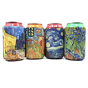 EXIT82ART - Insulated Neoprene Can Coolers, Set of 4, Van Gogh Paintings, Fits 12 oz Cans and Longnecks, Collapsible, Dishwasher Safe.