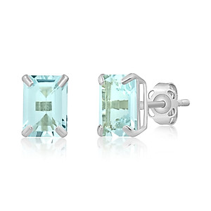 MAX + STONE 14k White Gold Solitaire Blue Aquamarine Emerald Cut Stud Earrings for Women | 7x5mm March Birthstone