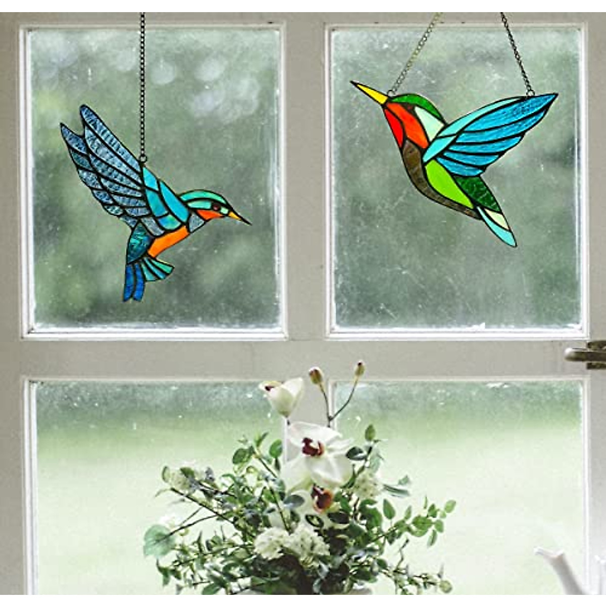 2 Pack Hummingbird Stained Glass Birds Window Hangings, Stained Glass Decorations,Bird Suncatcher for Window Decor Hummingbird Gifts for Mom,Bird Lovers