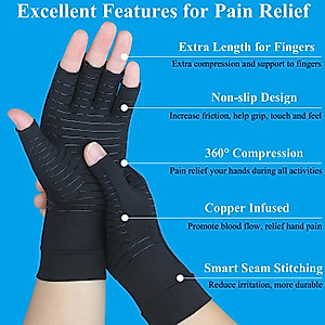 2 Pairs Copper Arthritis Gloves for Women, Compression Gloves for Men for Pain, Fingerless Hand Gloves for Carpal Tunnel, Crochet, Relieve Pain, Swelling, Support Wrist and Joint, Typing (Medium)