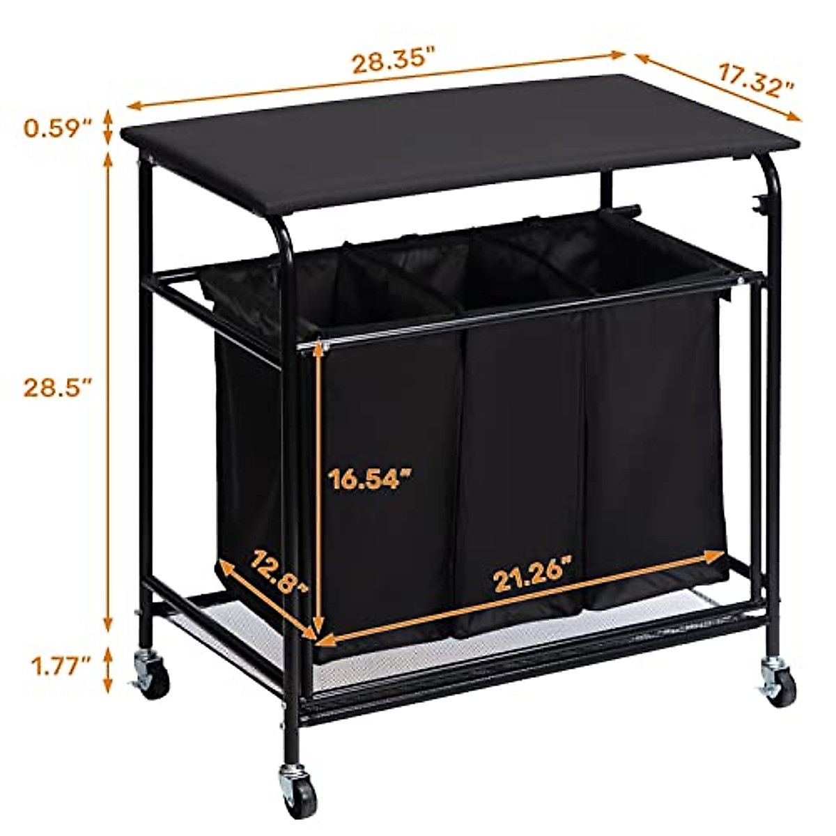 HollyHOME 3 Section Rolling Laundry Sorter Cart with Fixed Ironing Board Laundry Hamper Room Organization with 4 Wheels and Table Top Lid Removable Bags Black