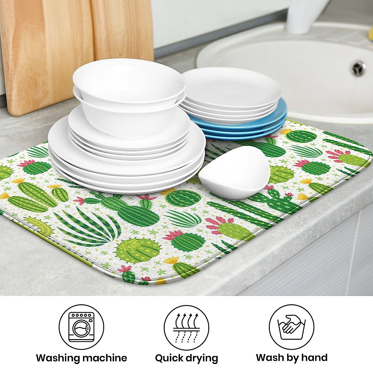 AMASOO Dish Drying Mat Different Cactus Green Cacti Natural 18" x 24" Handable Dish Drying Rack Pad Protecter Dish Drainer Mat for Kitchen Countertops Counter 18x24 inches