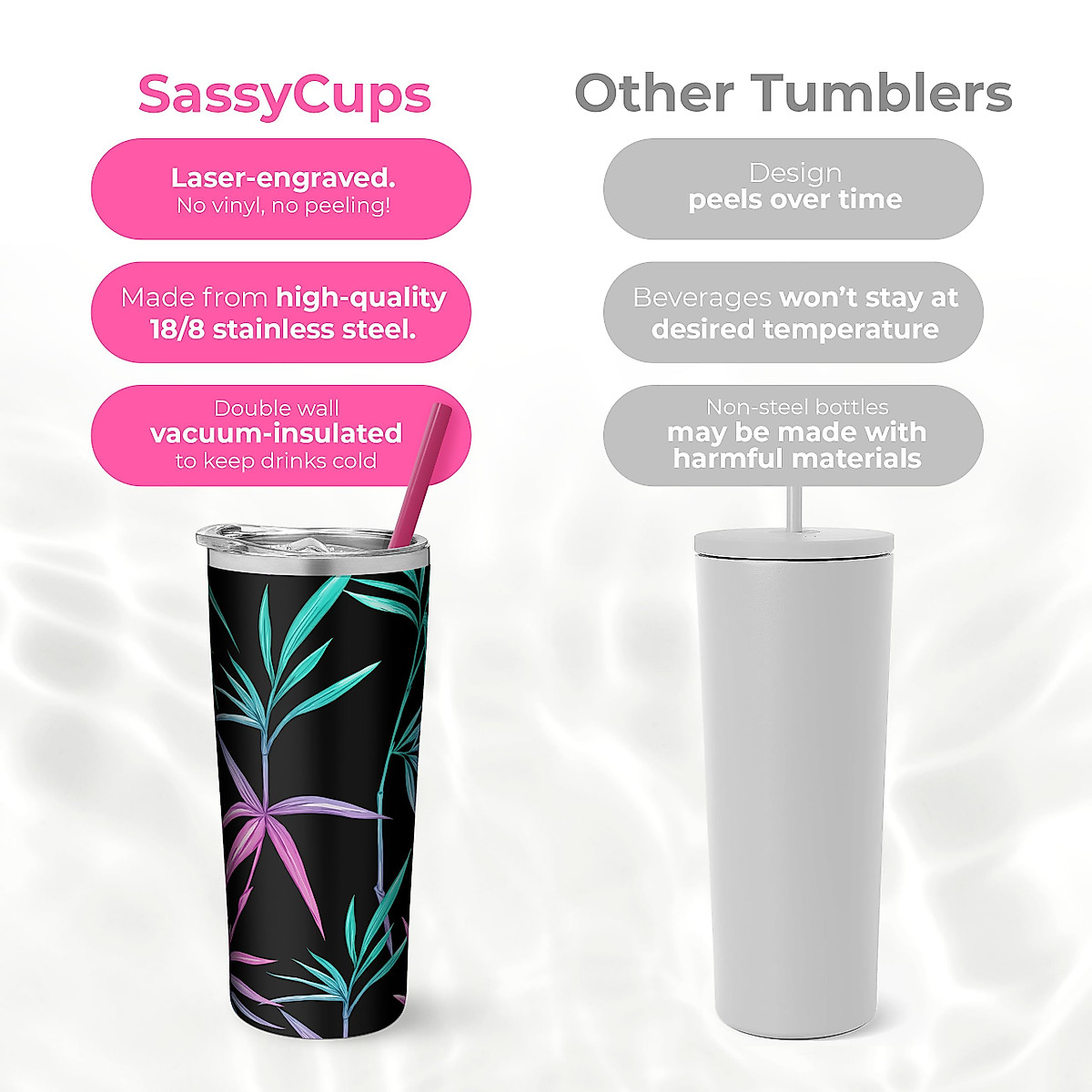 SassyCups Tropical Print Vacuum Insulated Stainless Steel Skinny Tumbler with Straw - Travel Gift, Christmas Gift, Tropical Palm Tree Themed Water Bottle, Travel Mug - Gift for Vacation, Adventure