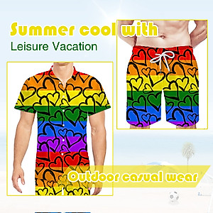 Men's 2 Piece Set Rainbow Gay Shirts and Shorts 3D Printed Rainbow Heart Outfits Elastic Waist Shorts with Drawstring
