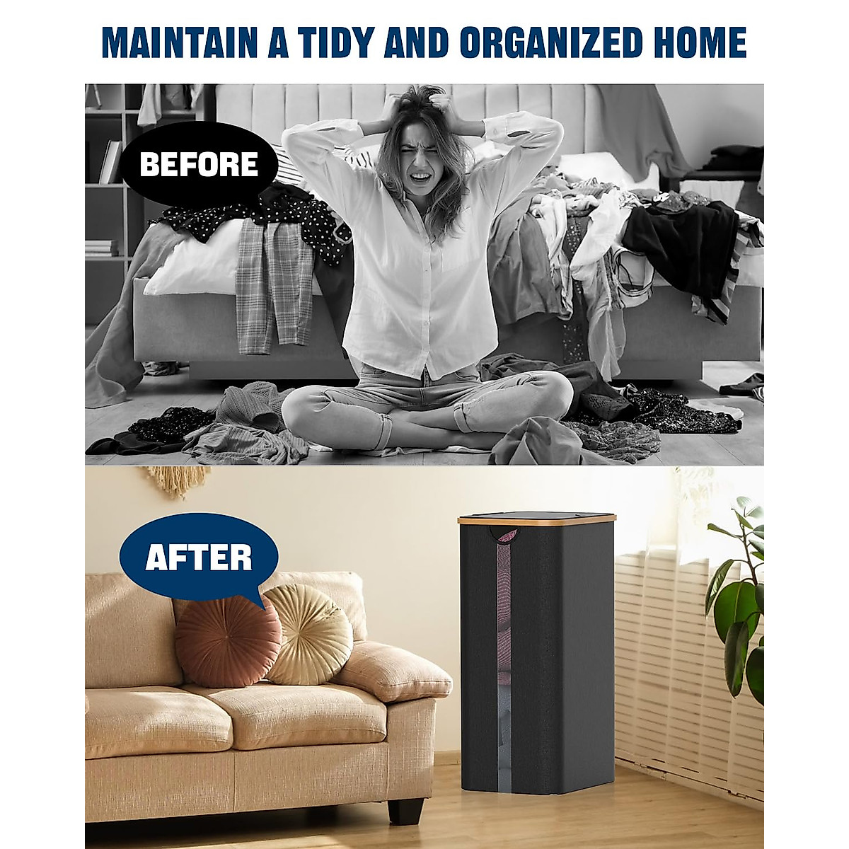 Laundry Hamper with Lid - Large Laundry Basket… (Black, 110L)