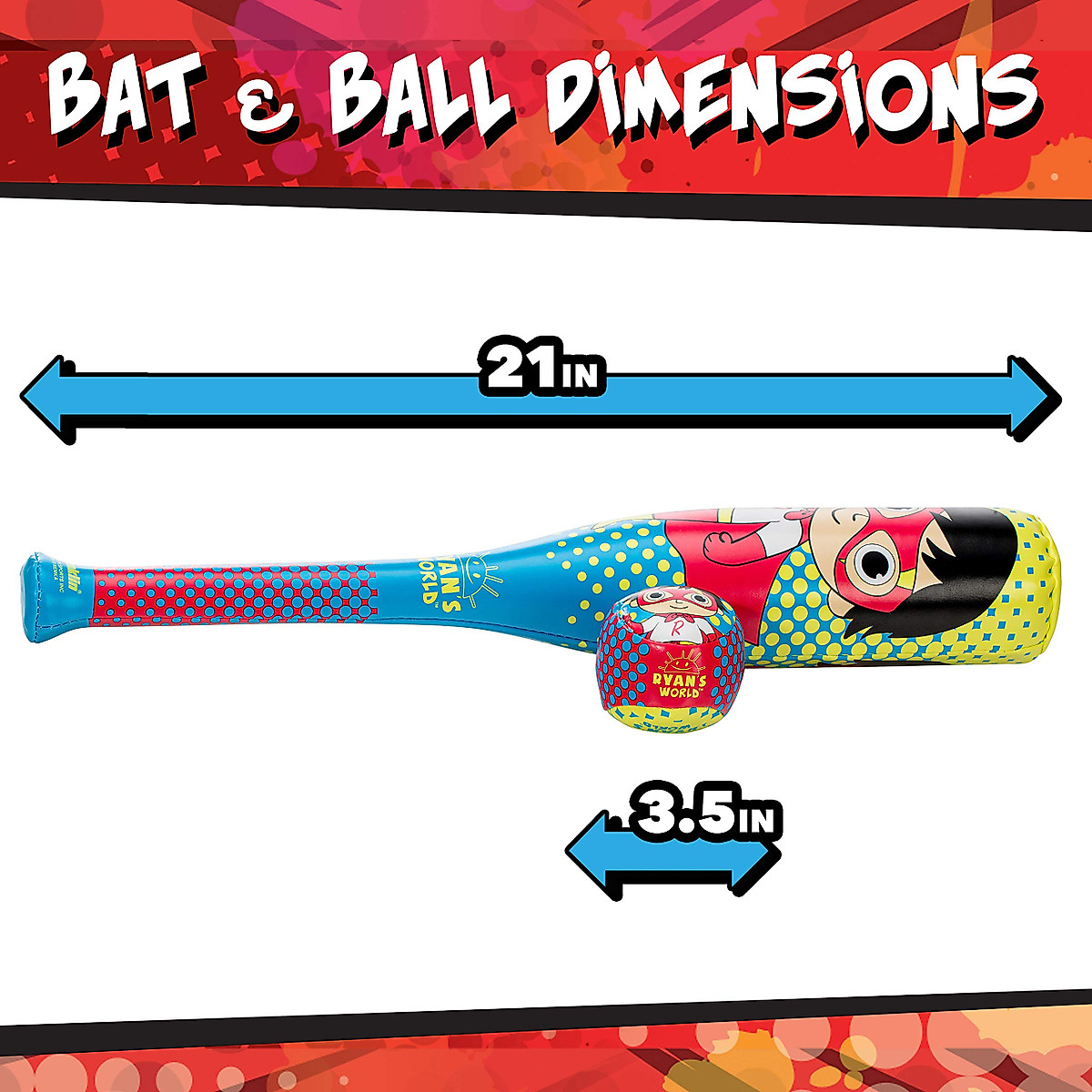 Franklin Sports Ryan's World Kids Baseball Bat + Ball Set - Soft Plastic Jumbo Bat + Baseball for Kids + Toddlers - Beginner Toy Baseball Bat Set