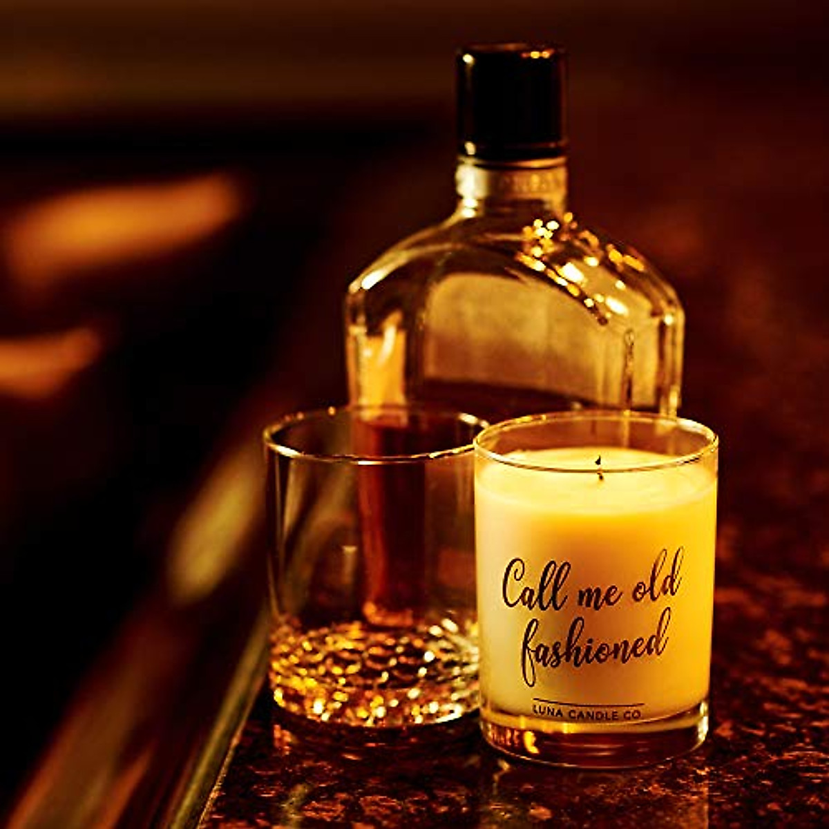 LUNA CANDLE CO. Elegant Fine Bourbon Soy Jar Candle, 11oz. Clear Glass, Low Smoke, Long Burn Up to 110 Hours of Burn Time, Hints of Wood and Vanilla, Made in The USA-Call Me Old Fashioned